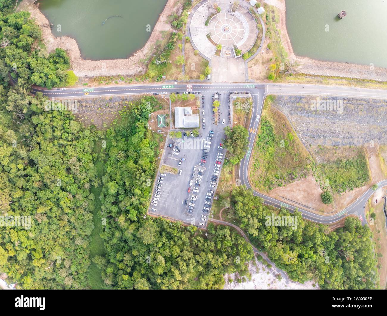 Aerial view Drone camera asphalt roads with rainforest trees ecology ...