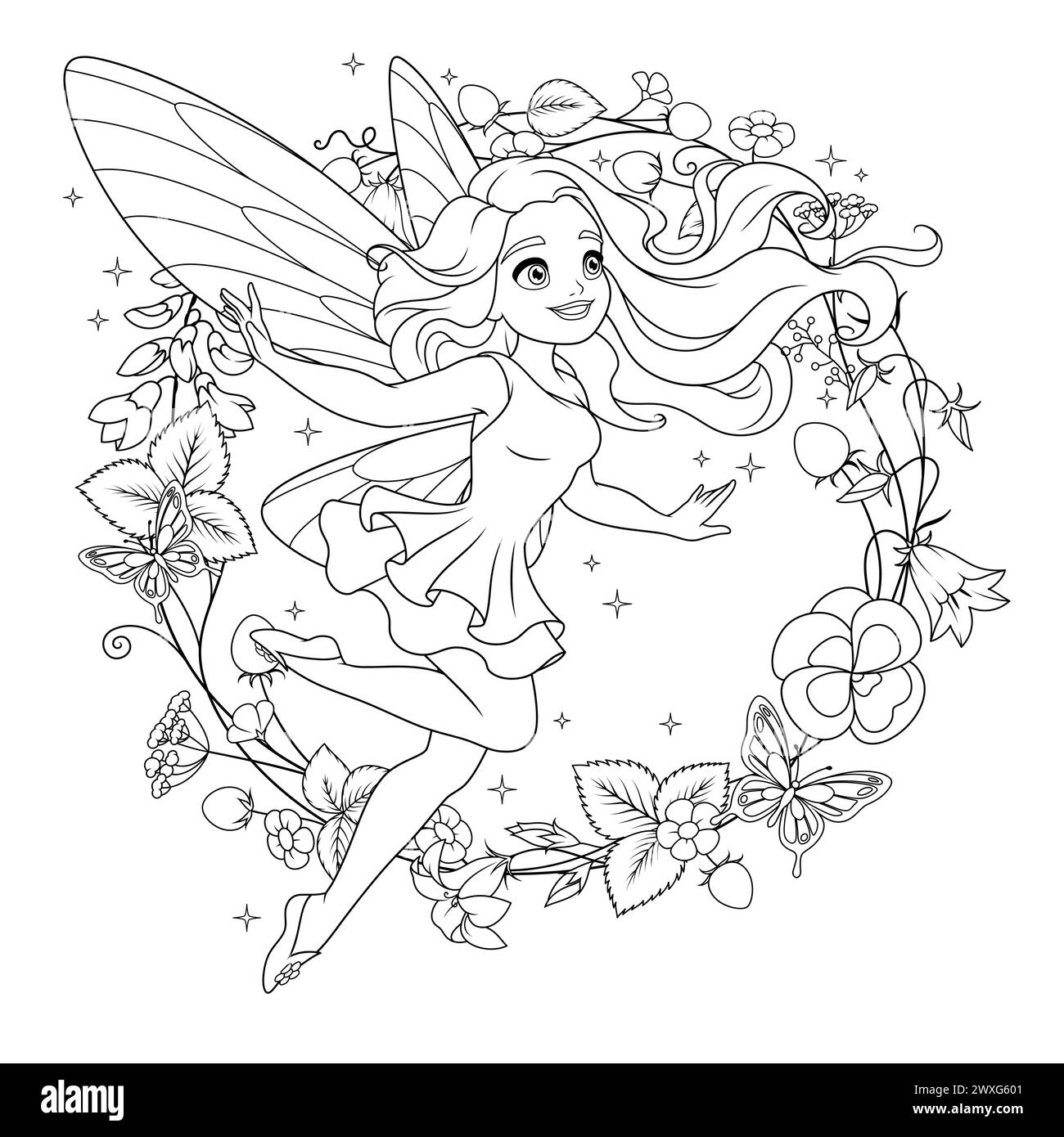 Beautiful flying fairy with wings surrounded with flowers. Vector ...