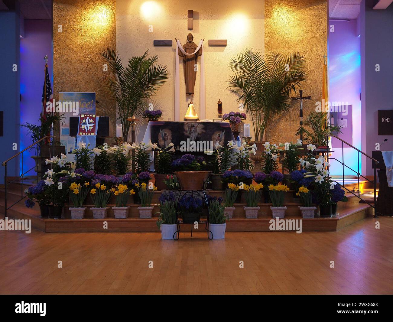 Interior of a mid 20th century Roman Catholic church decorated for the ...