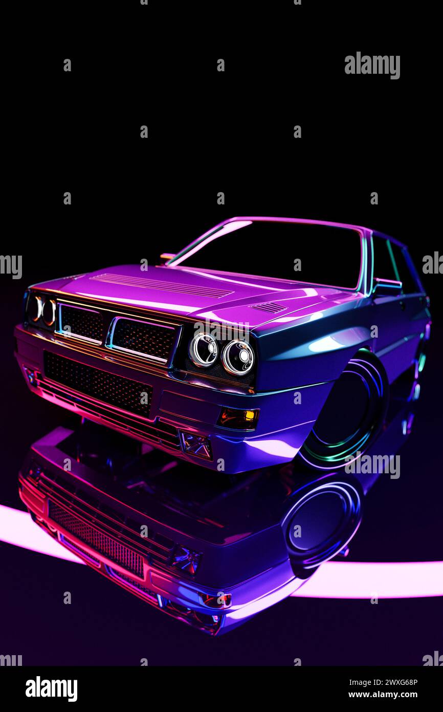 80s style sci-fi background with supercar. Futuristic retro car. 3d ...