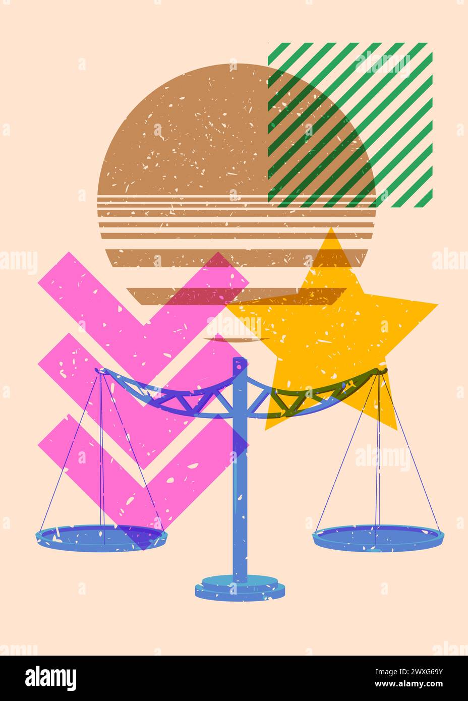 Risograph Scale with geometric shapes. Objects in trendy riso graph print texture style design ...