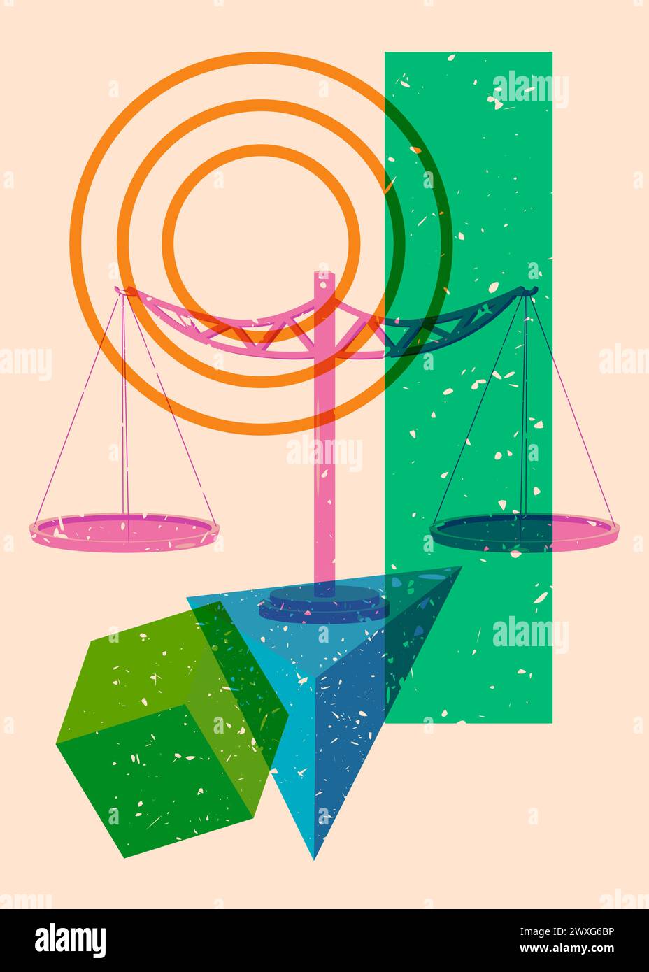 Risograph Scale with geometric shapes. Objects in trendy riso graph print texture style design ...