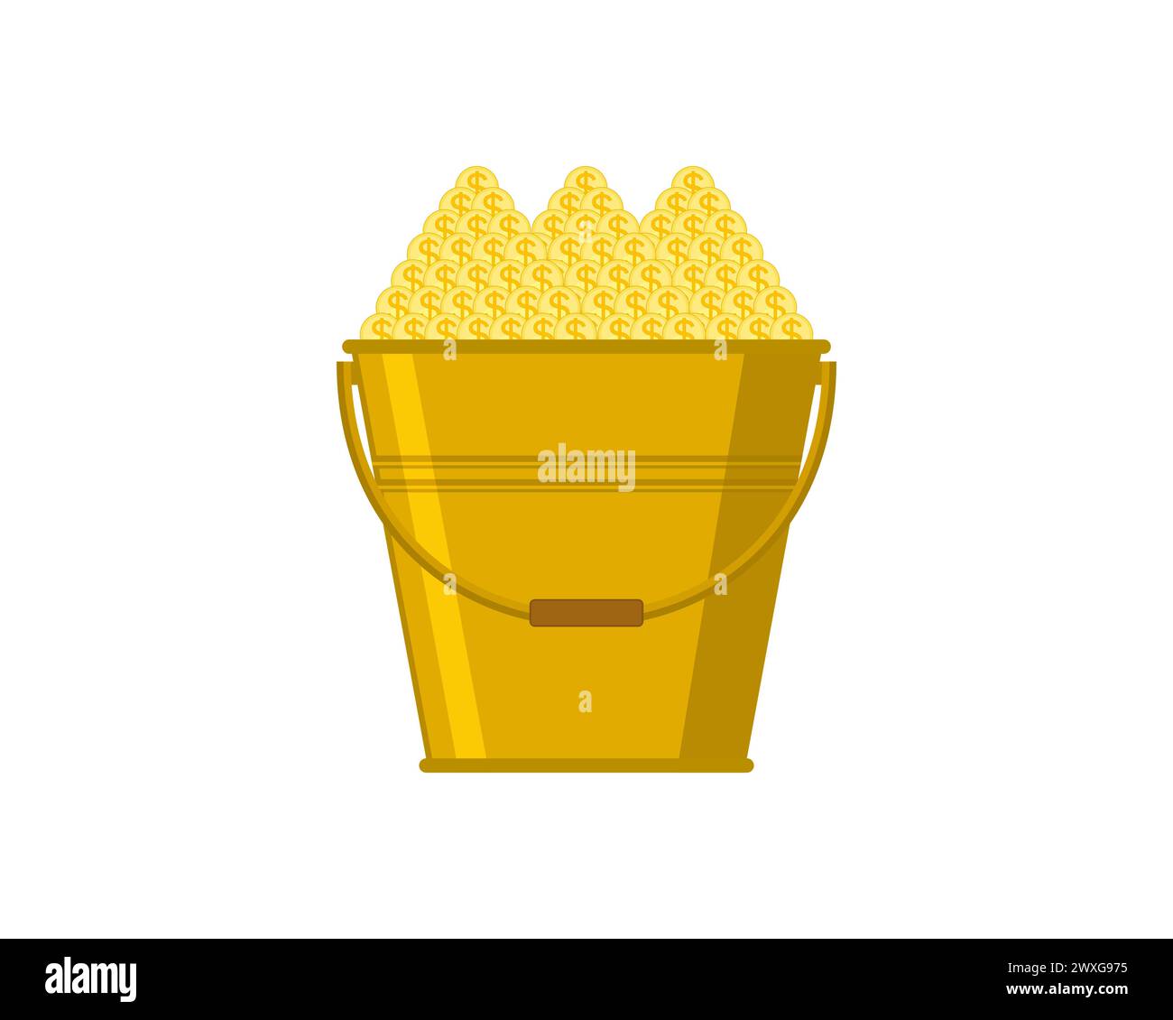 A golden bucket with a large pile of gold coins inside. Vector on a ...