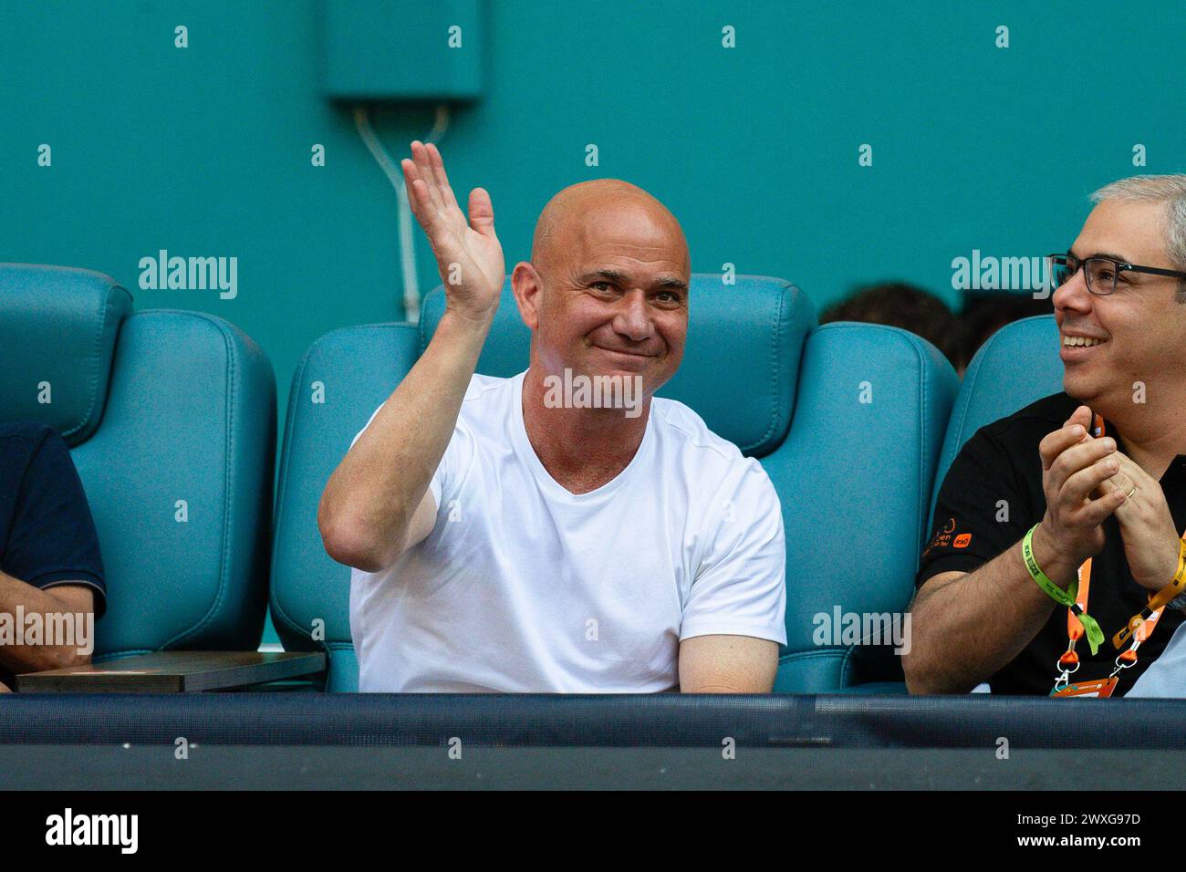 Miami Gardens, Florida, USA. 30th Mar 2024. Andre Agassi waves to the ...
