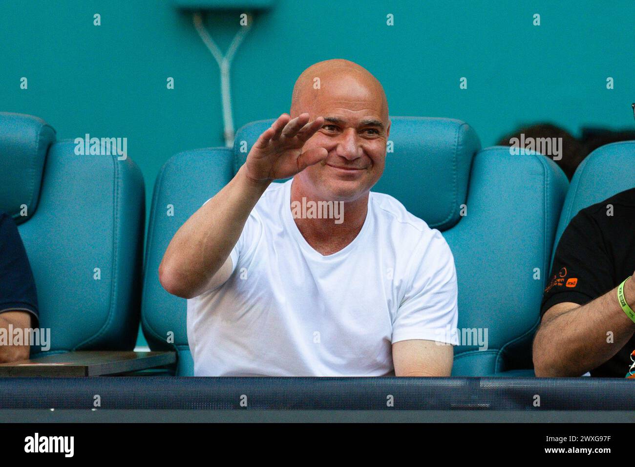 Miami Gardens, Florida, USA. 30th Mar 2024. Andre Agassi waves to the ...