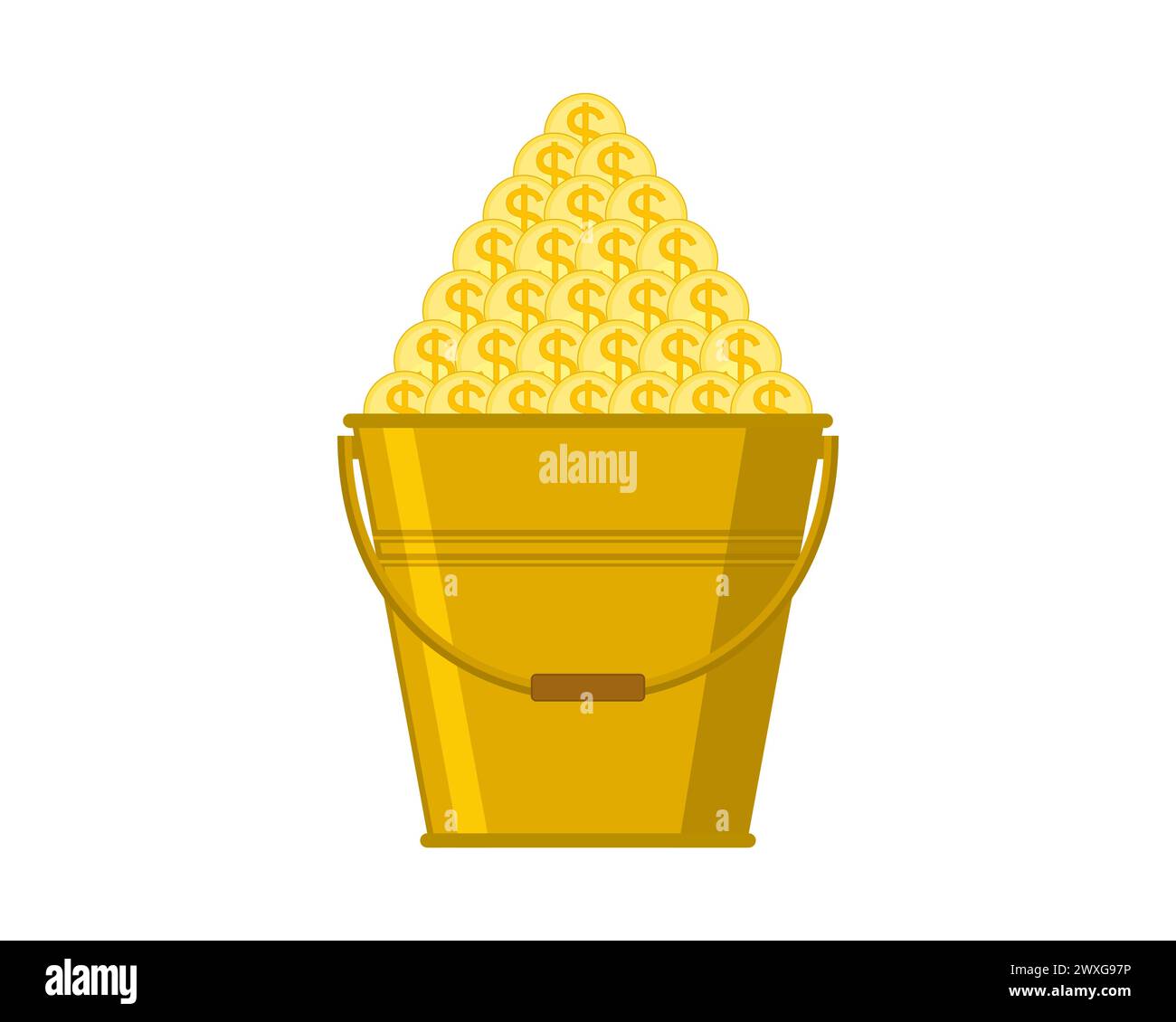 A golden bucket with a large pile of gold coins inside. Vector on a ...