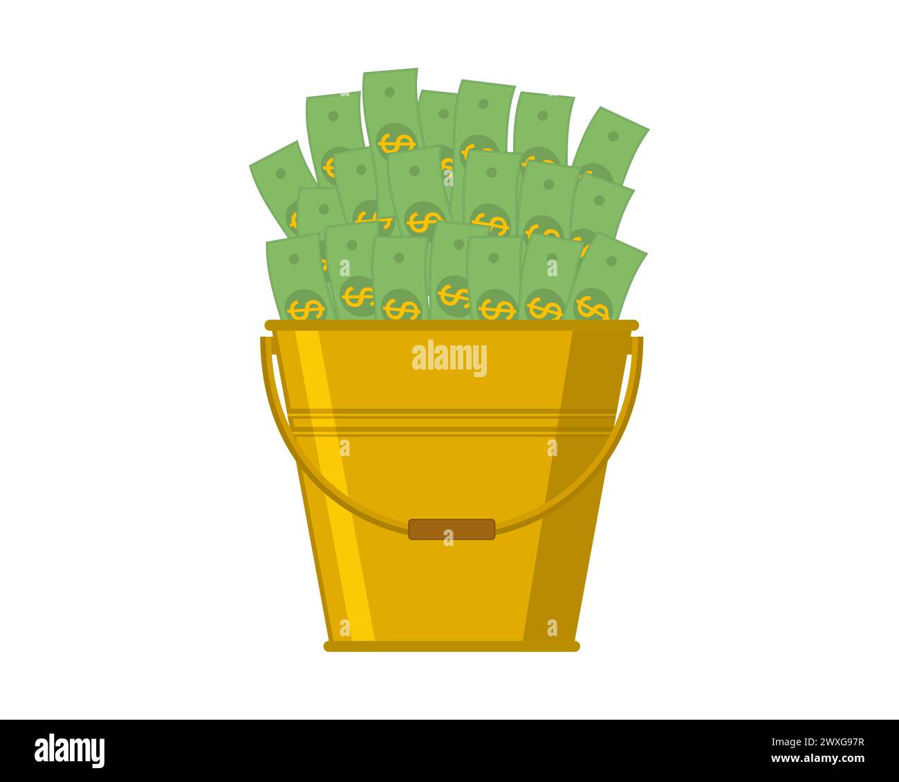 A golden bucket with a big pile of money inside. Vector illustration ...
