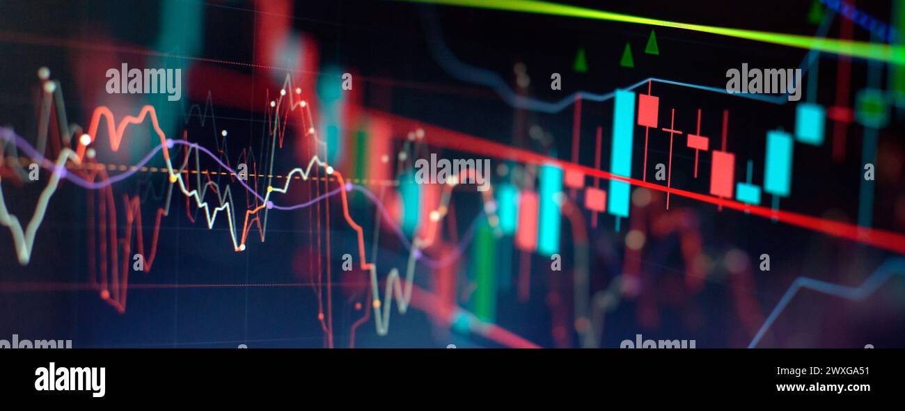 Technical price graph and indicator, red and green candlestick chart on ...