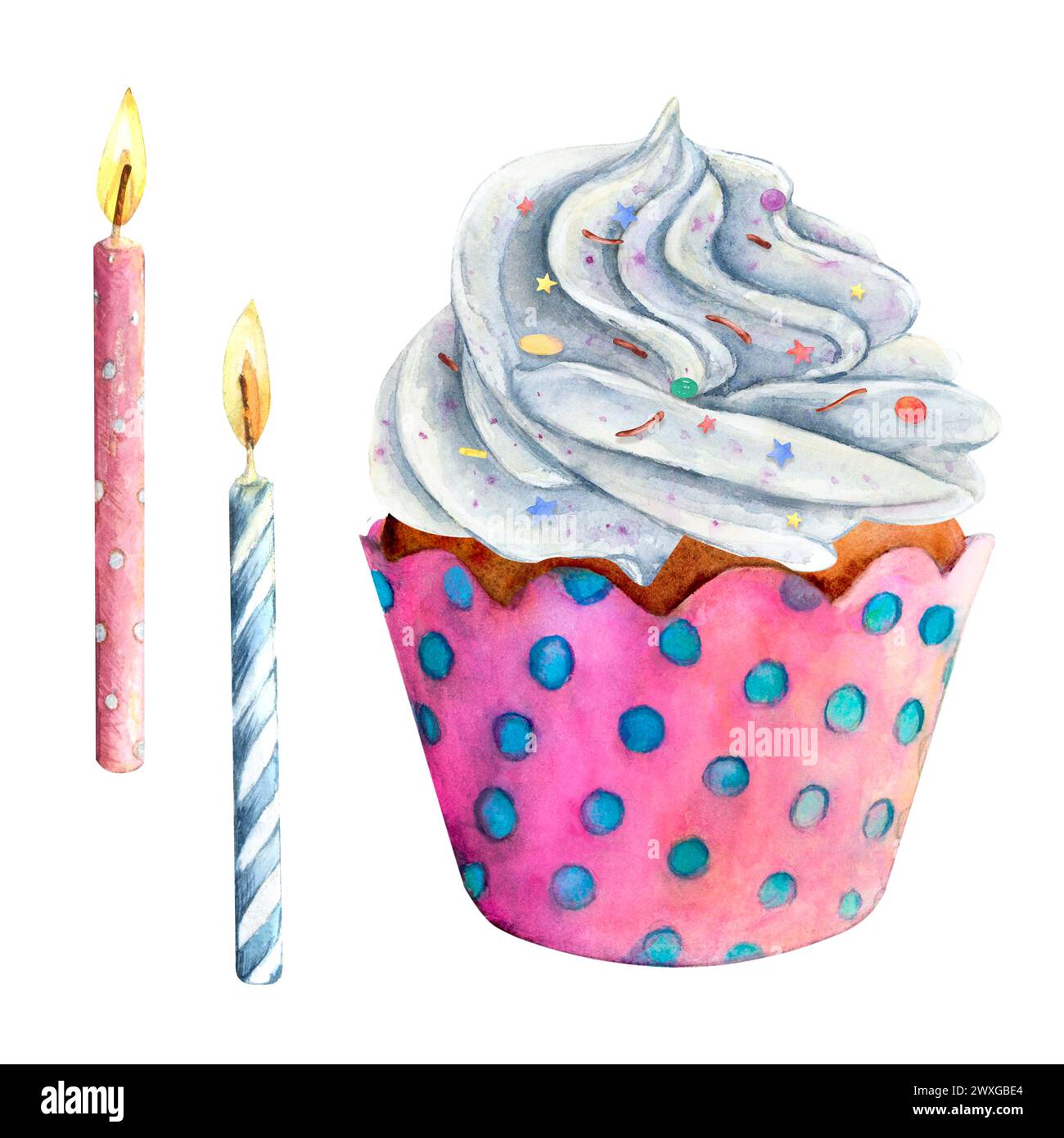Cupcake muffin cream candle watercolor drawing vanilla dotted paper ...
