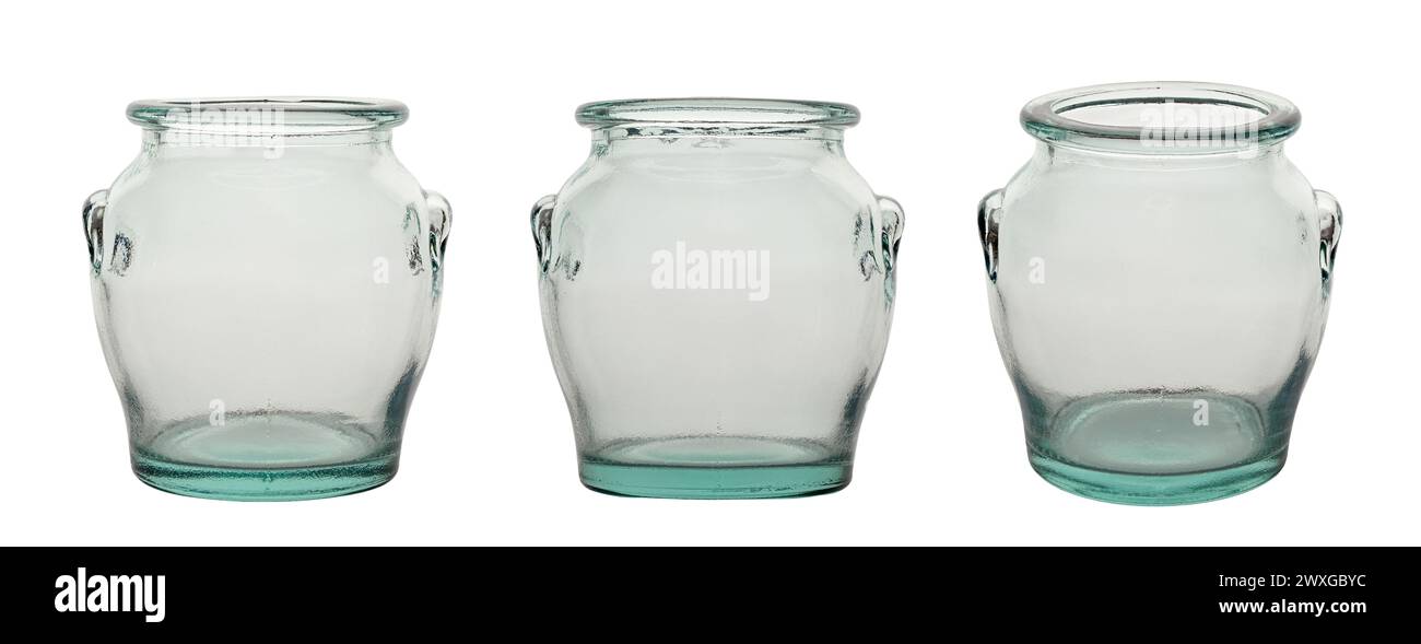 Collection of empty glass kitchen jars for bulk food storage isolated ...