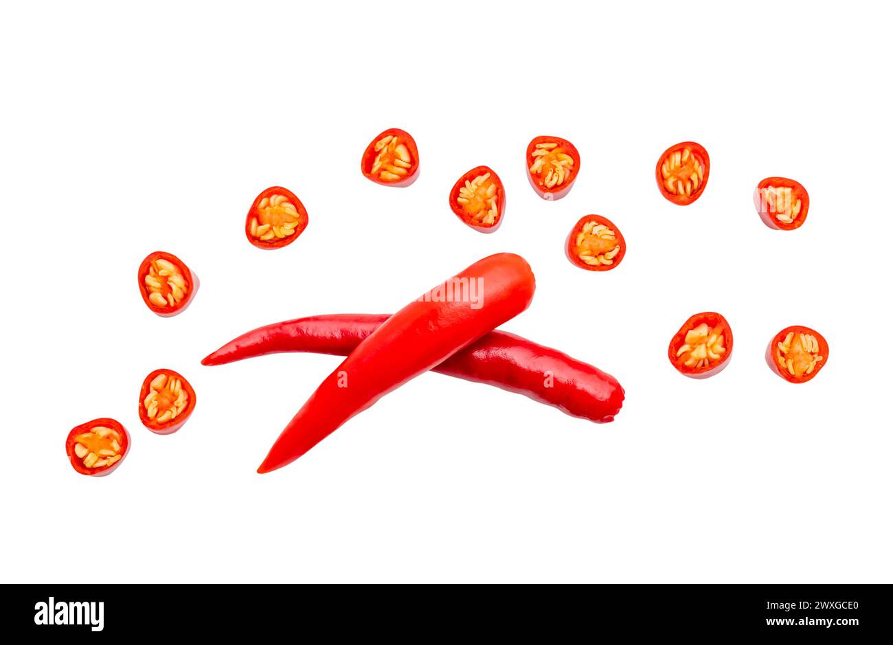 Top view set of red chili pepper or cayenne pepper with slices or ...