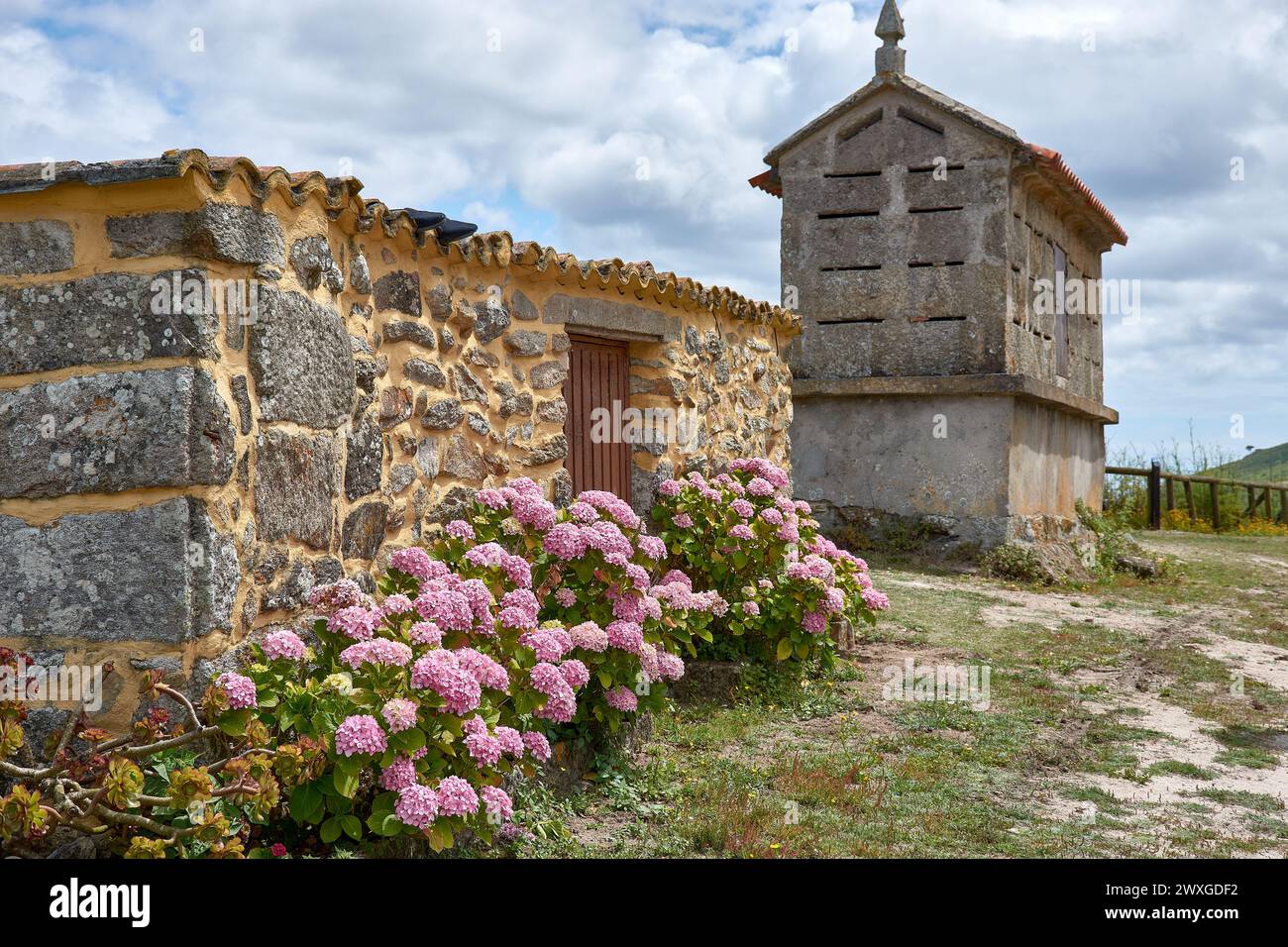 Small stone house with a granary and flowering hydrangeas on the Island ...