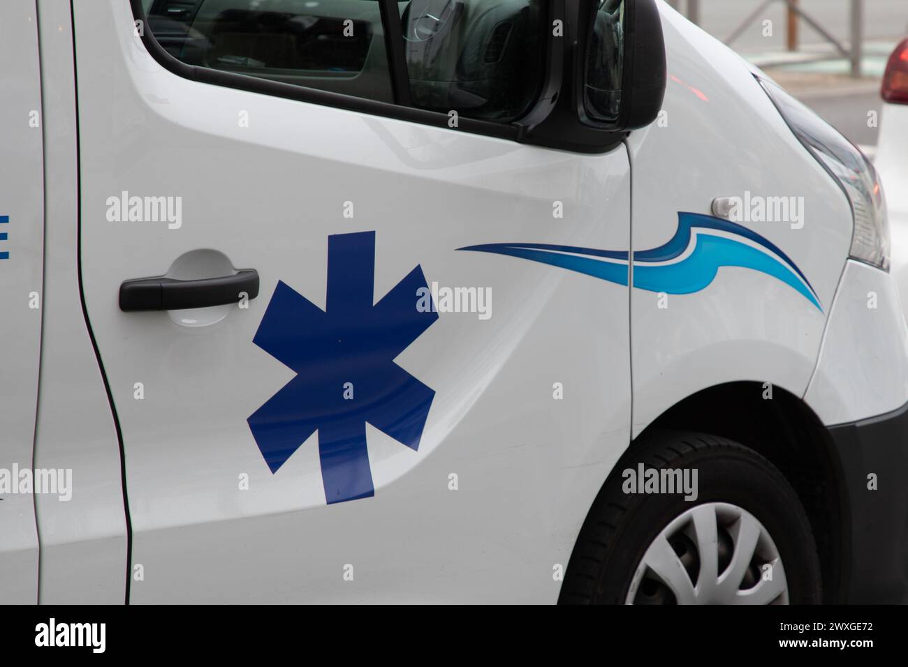 Ambulance car with star blue cross of life emblem logo sign on rescue ...