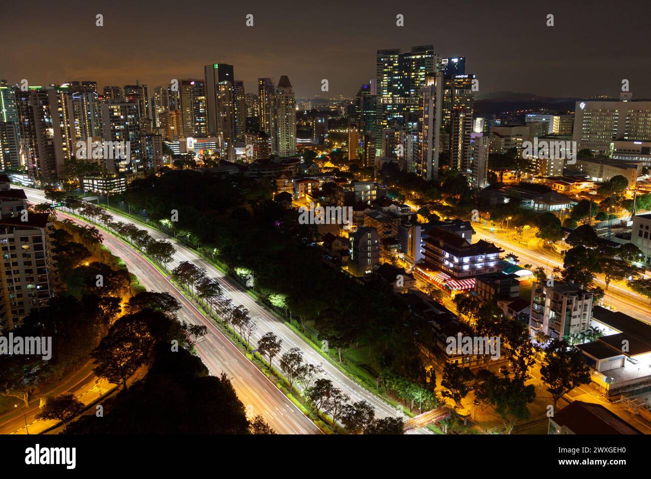 Novena, Singapore - September 08 2018: Aerial view by night of the toll ...