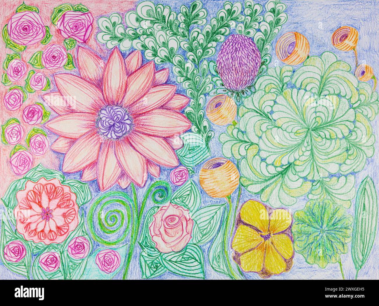 Pencil drawing of a beautiful garden. The dabbing technique near the ...