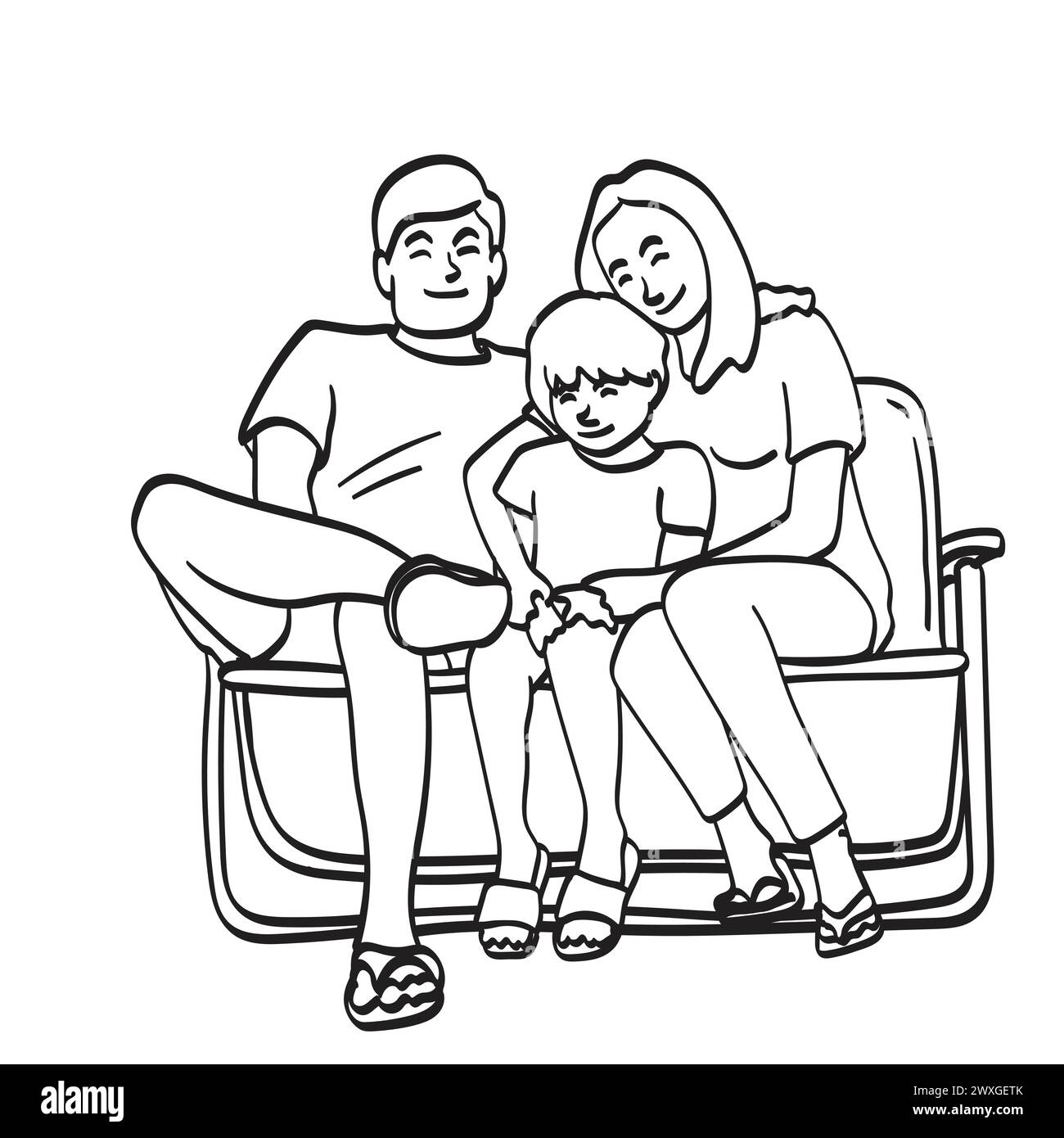 family of three sitting on sofa illustration vector hand drawn isolated ...