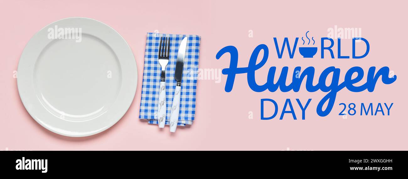 Banner for World Hunger Day with plate, knife and fork Stock Photo - Alamy