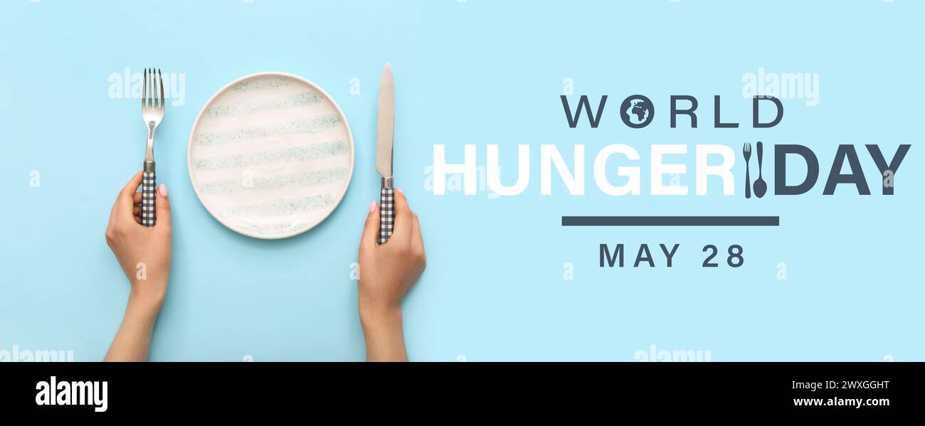 Banner for World Hunger Day with woman at table with empty plate Stock ...