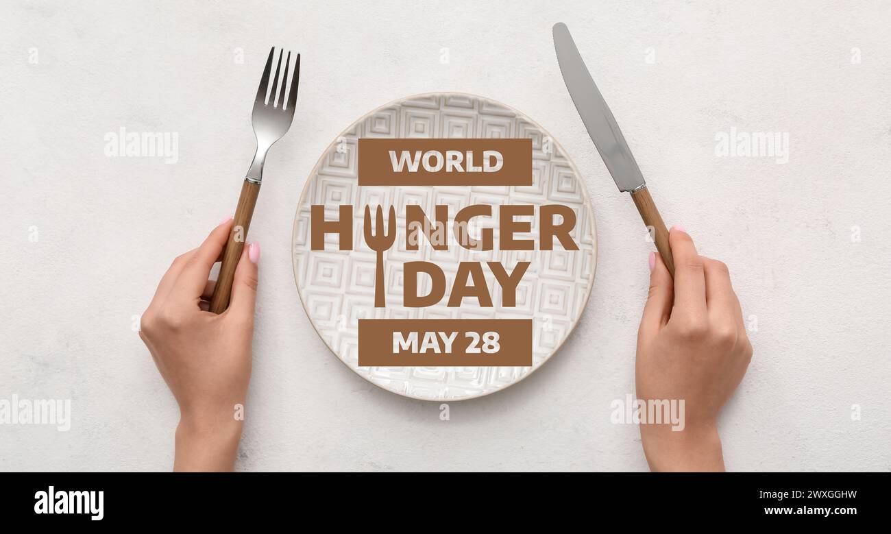 Banner for World Hunger Day with woman at table with empty plate Stock ...