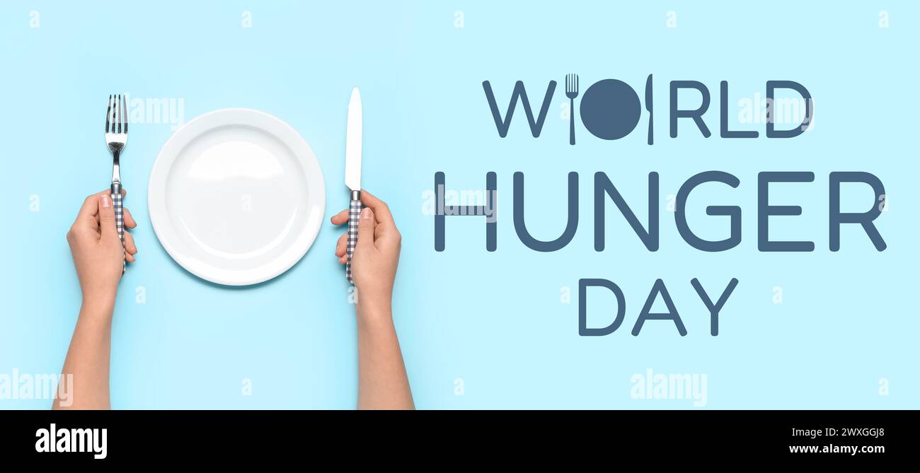 Banner for World Hunger Day with woman at table with empty plate Stock ...