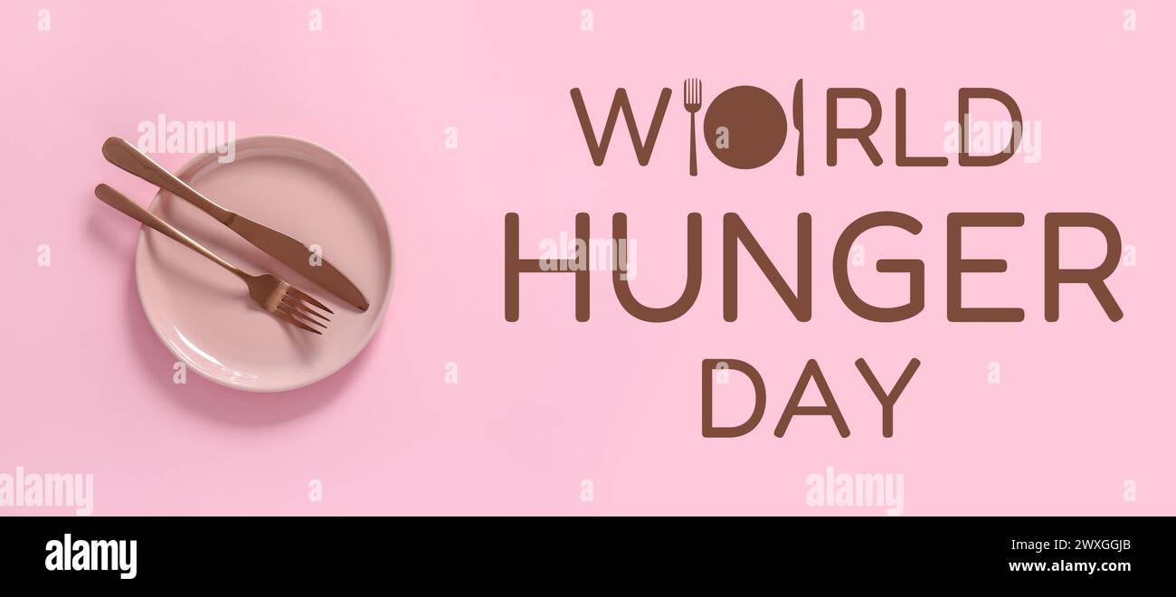 Banner for World Hunger Day with plate, knife and fork Stock Photo - Alamy