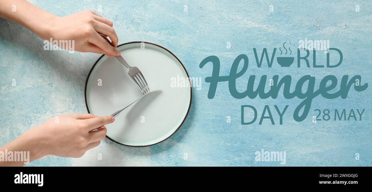 Banner for World Hunger Day with woman at table with empty plate Stock ...