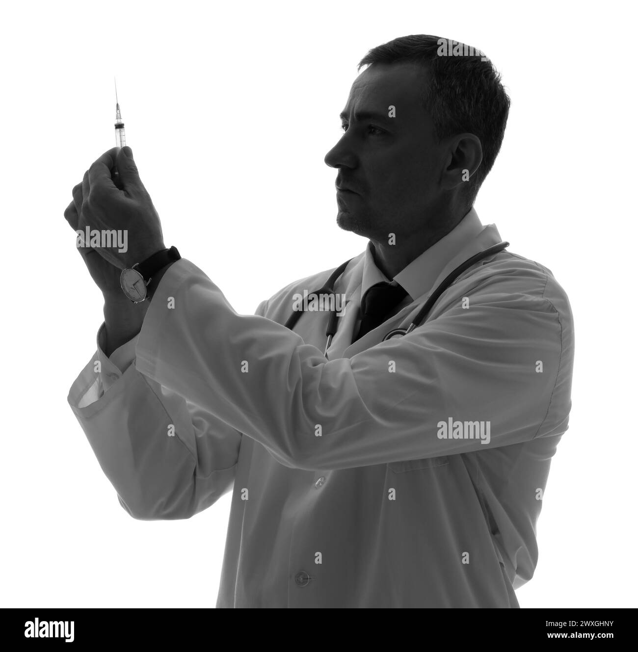 Silhouette of mature doctor with injection on white background Stock ...