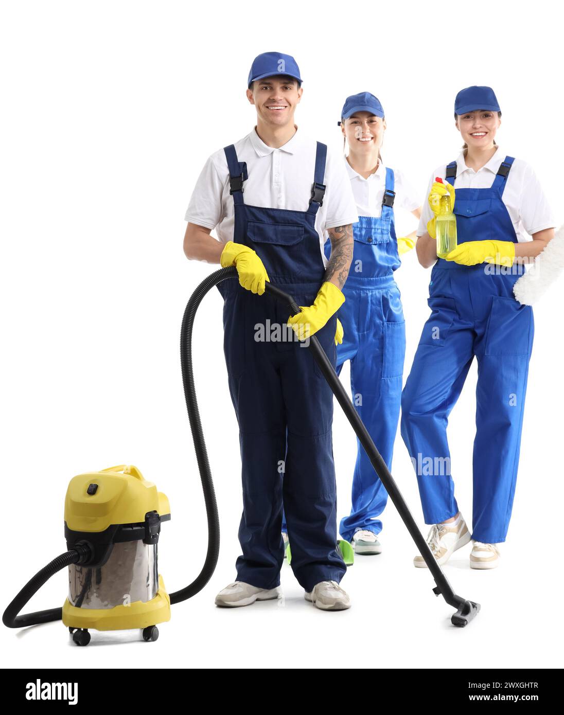 Workers of cleaning service with supplies on white background Stock ...