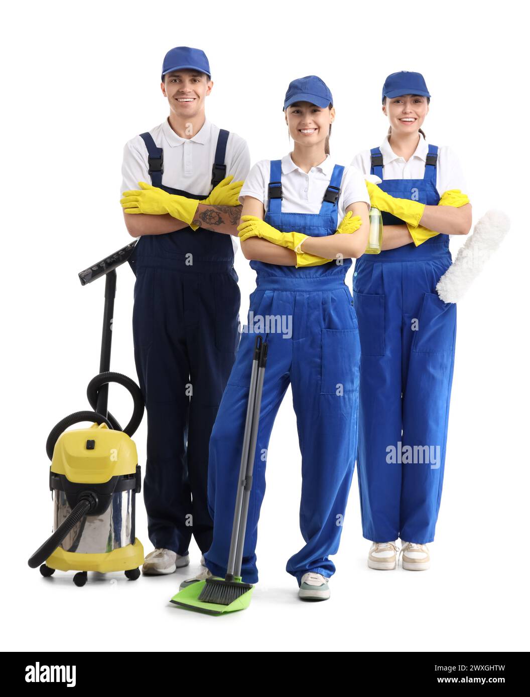Workers of cleaning service with supplies on white background Stock ...