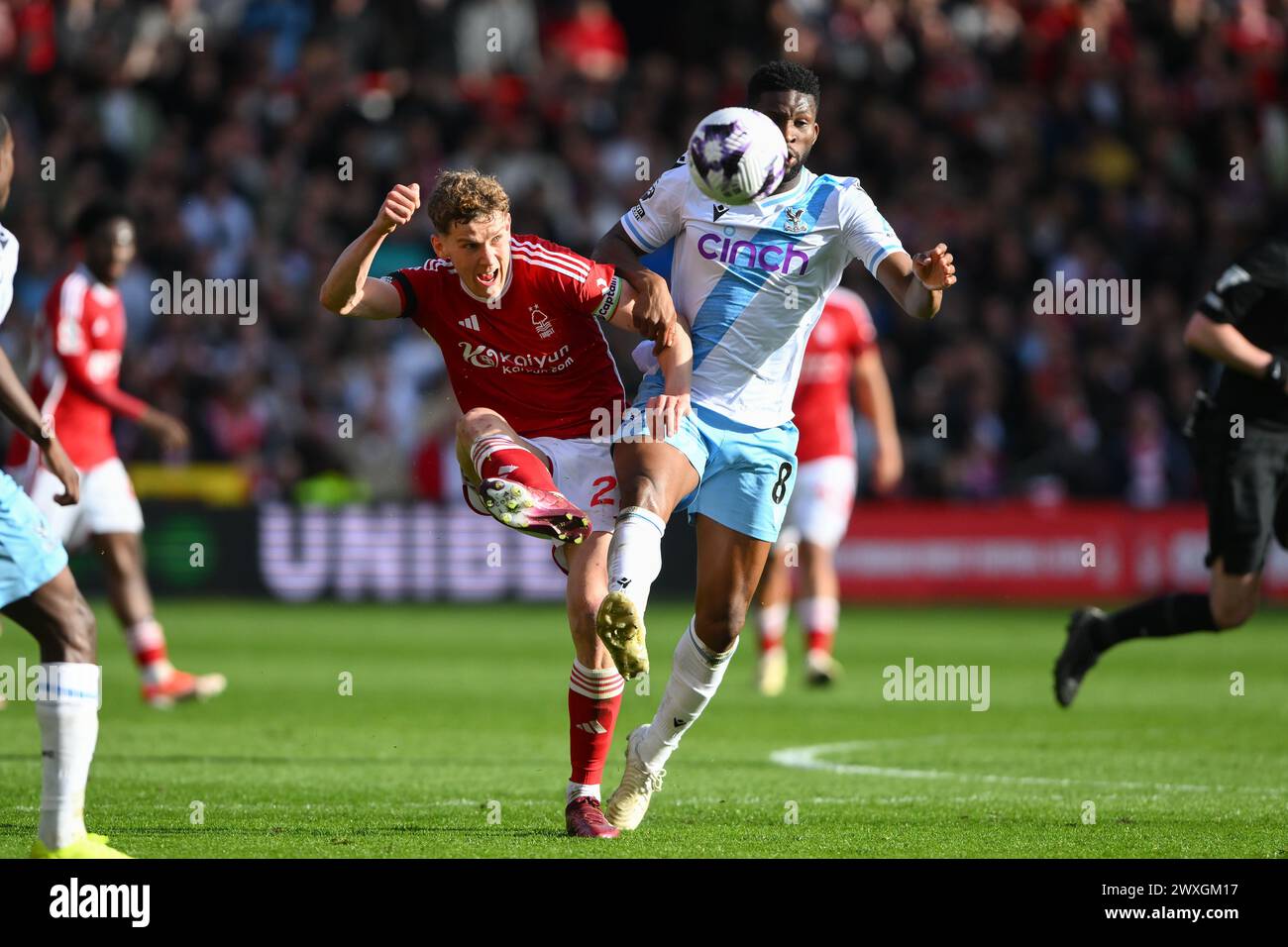 Ryan Yates of Nottingham Forest plays the ball forward under pressure ...