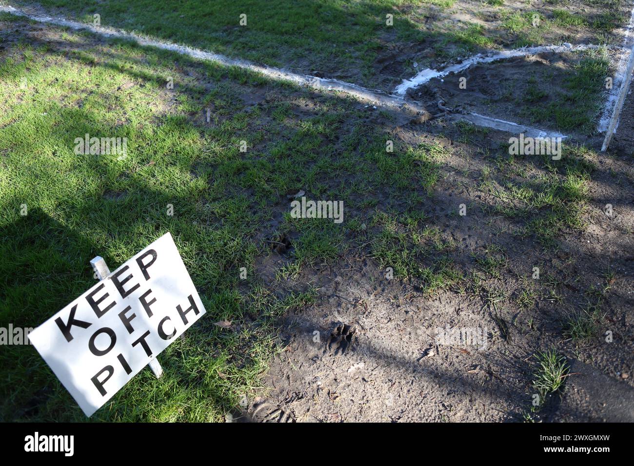 Corner quadrant of football pitch showing pitch markings and mud with ...
