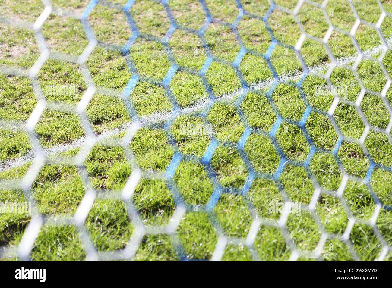 Football goal net with blue and white colours with goalline markings ...