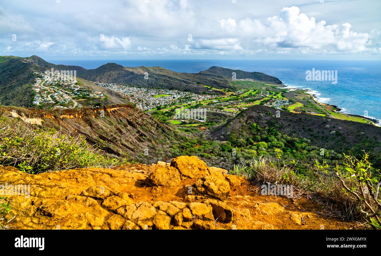 View of Koko Crater from the summit of Koko Head Stairs trail. Oahu ...