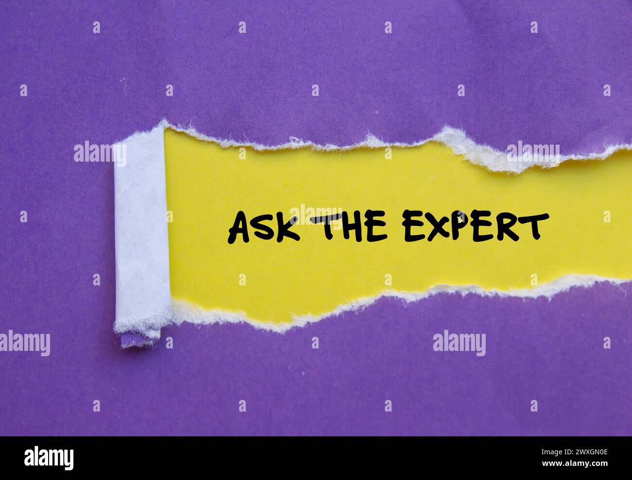 Ask the expert words written on purple torn paper with yellow ...