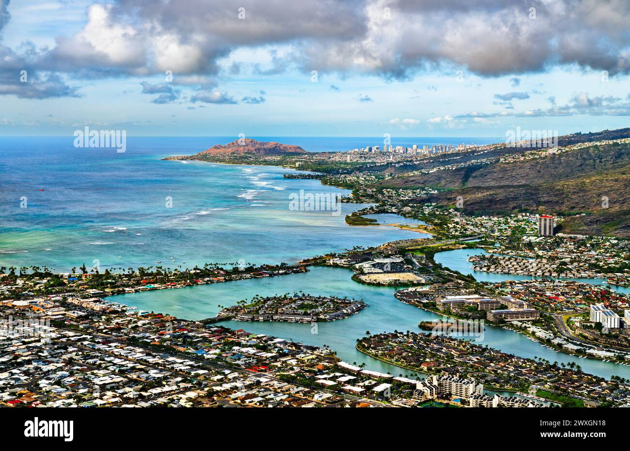 View of Maunalua Bay from the summit of Koko Head Stairs trail. Oahu ...