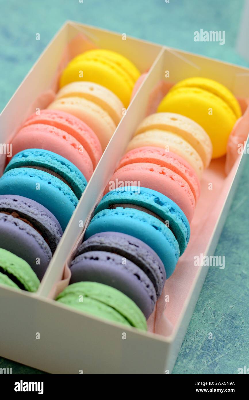 Colorful dozen of macarons in a box with blue ribbon Stock Photo - Alamy