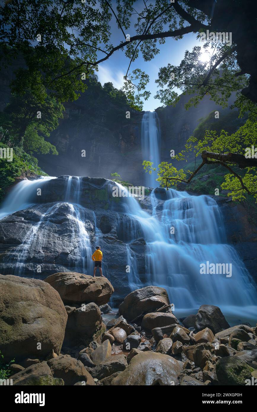 A scenic view of waterfalls of Ciletuh Geopark in Sukabumi, West Java ...