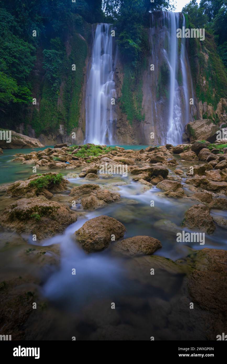 A scenic view of waterfalls of Ciletuh Geopark in Sukabumi, West Java ...