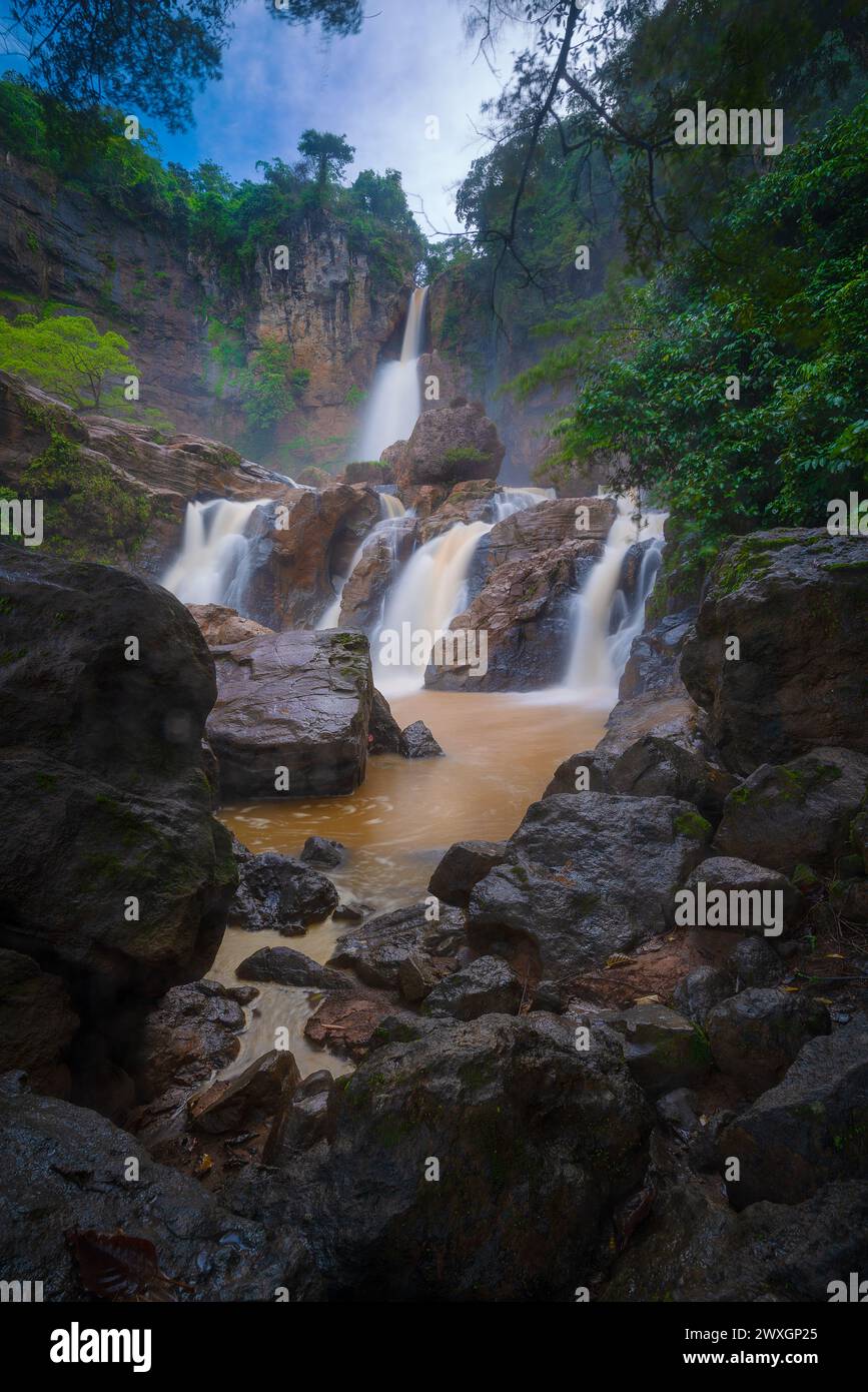 A scenic view of waterfalls of Ciletuh Geopark in Sukabumi, West Java ...