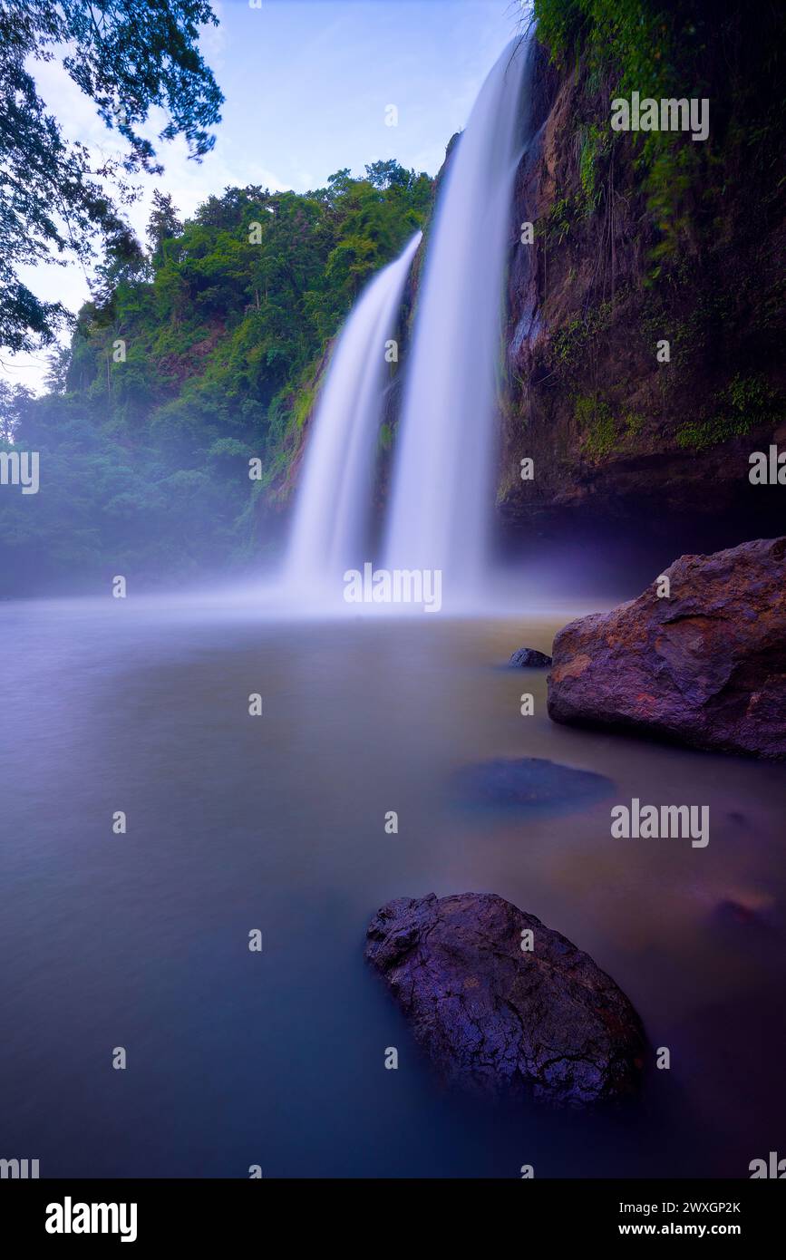A scenic view of waterfalls of Ciletuh Geopark in Sukabumi, West Java ...