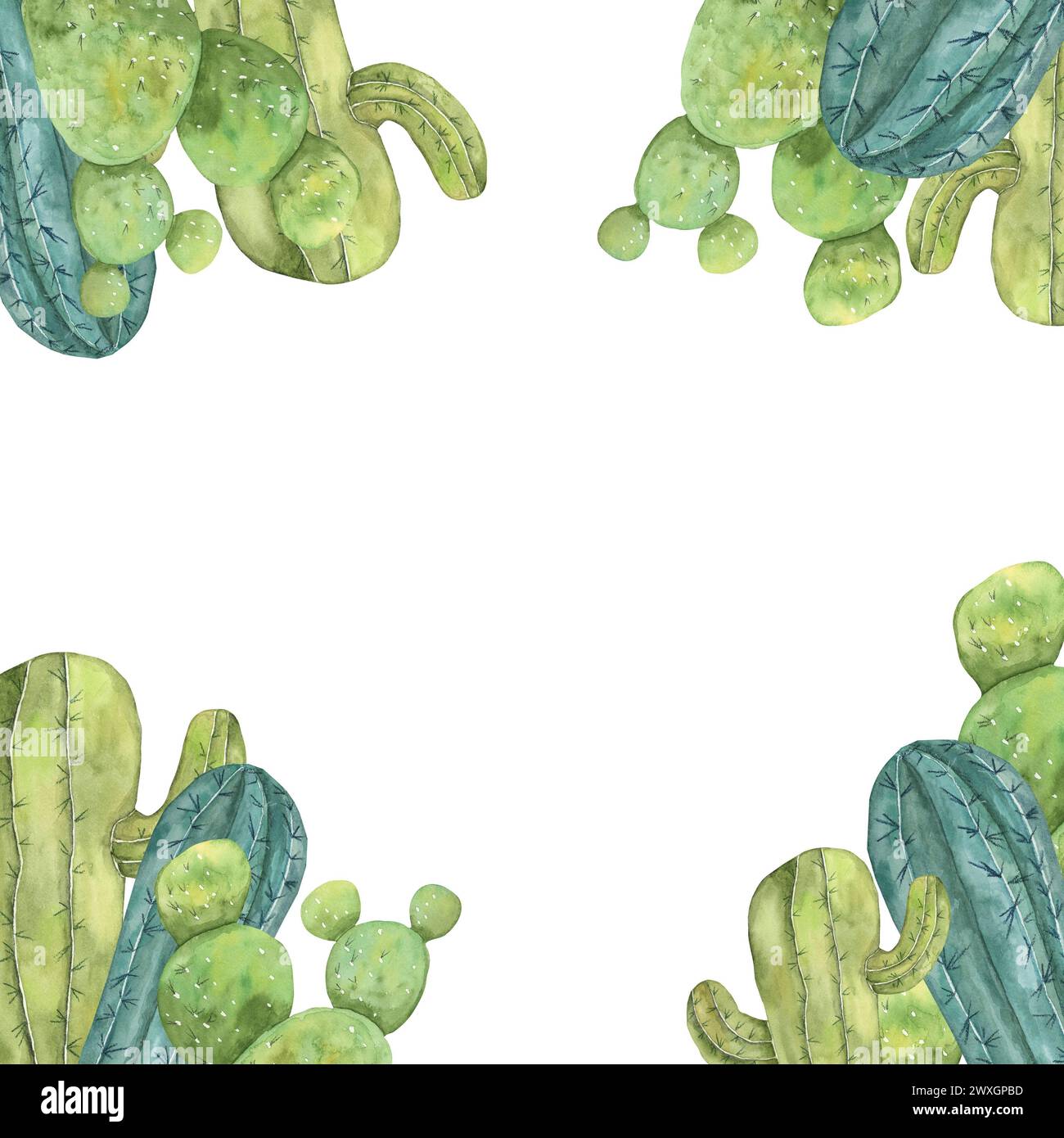 Corner template frame with cacti for Cinco de Mayo. Hand drawn colorful ...