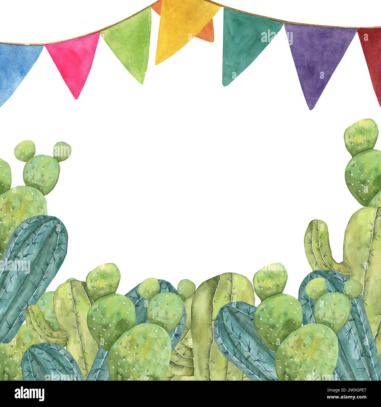 Square template frame with cacti and multicolored flags for Cinco de ...