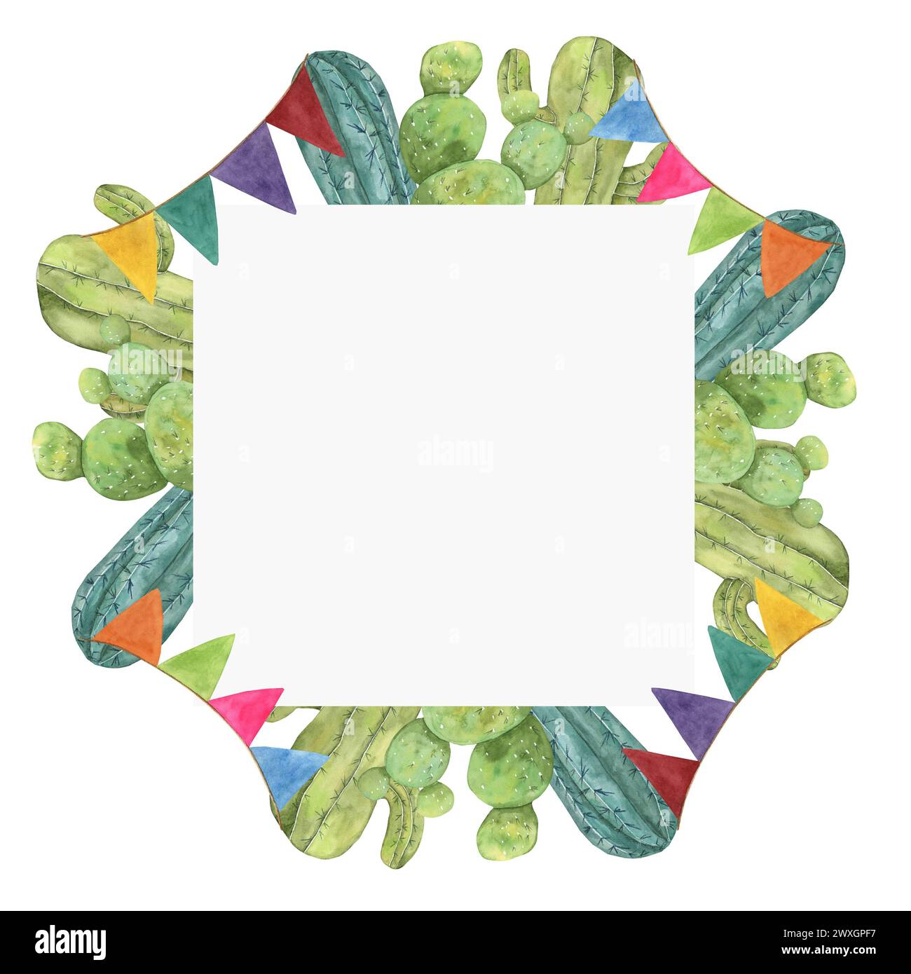 Square template frame with cacti and paper flags Cinco de Mayo. Hand ...