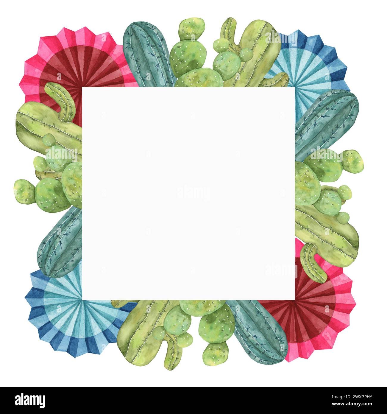 Square template frame with cacti and Mexican fiesta paper flower fans ...