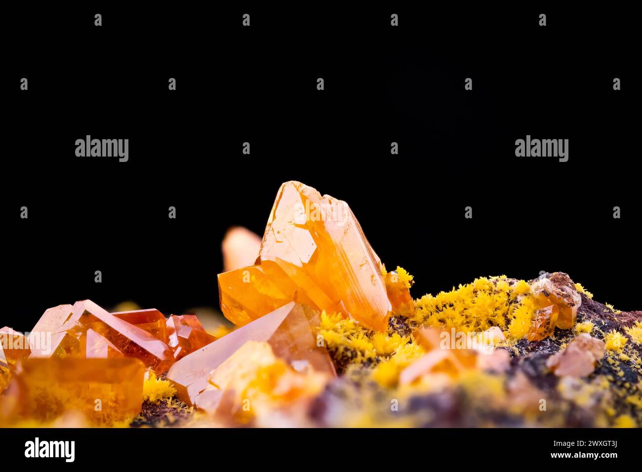 orange Wulfenite with yellow mimetite macro photography. From red cloud ...