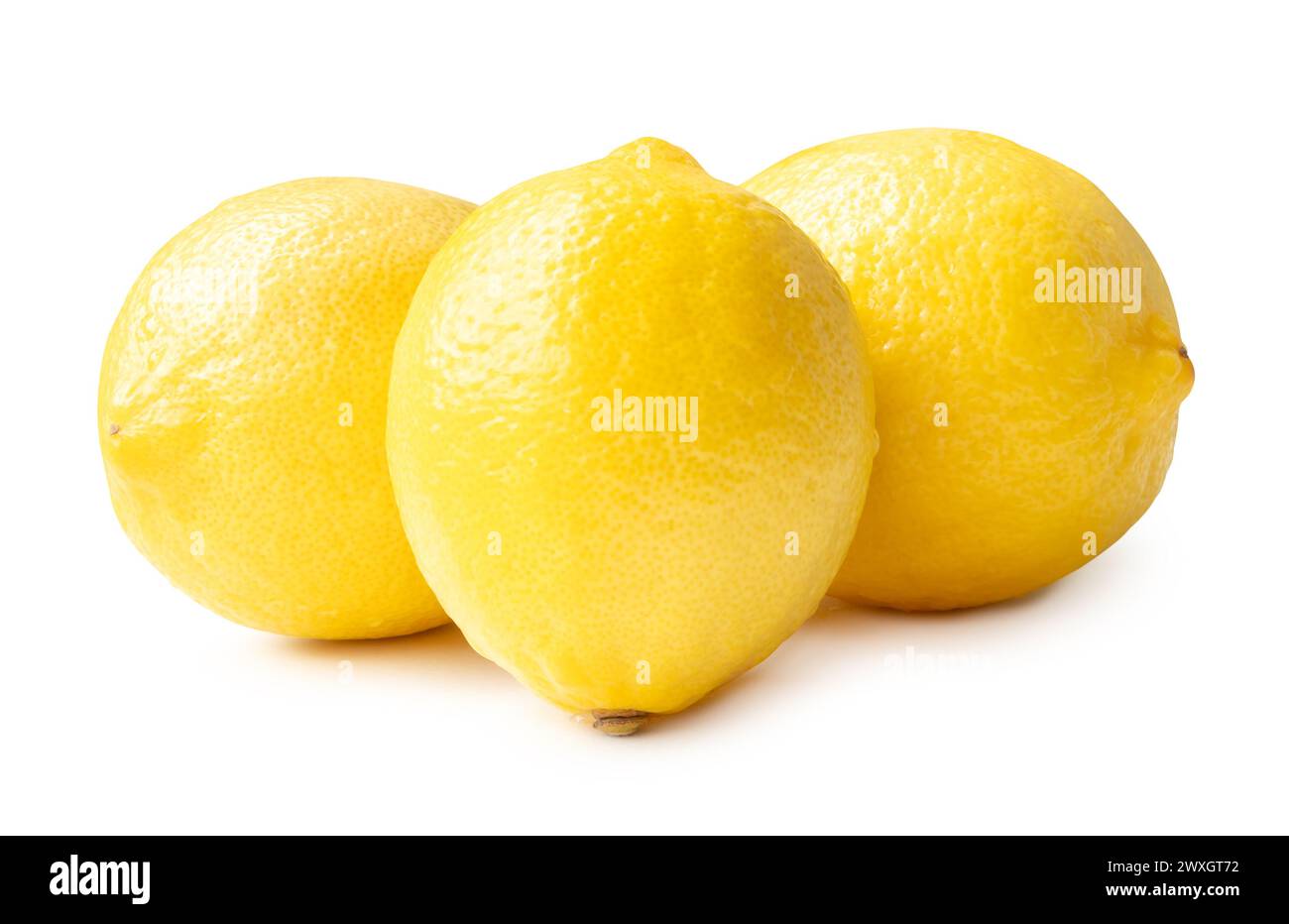 Three whole fresh beautiful yellow lemons in stack is isolated on white ...
