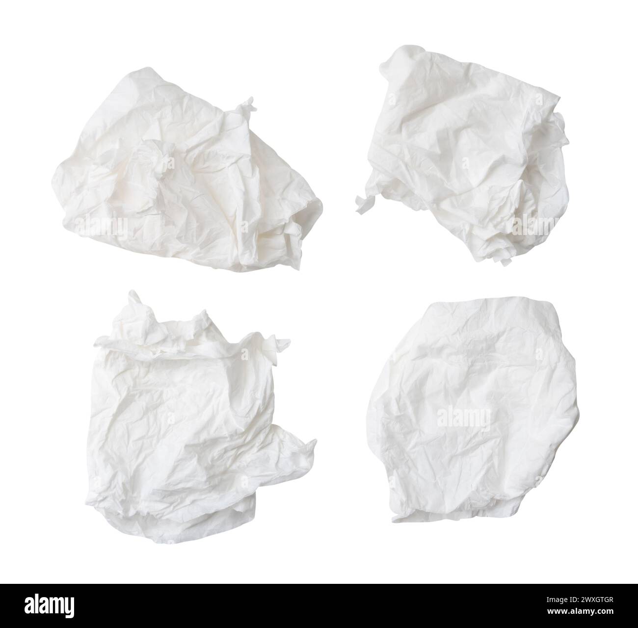 Top view set of crumpled tissue paper balls after use in toilet or ...