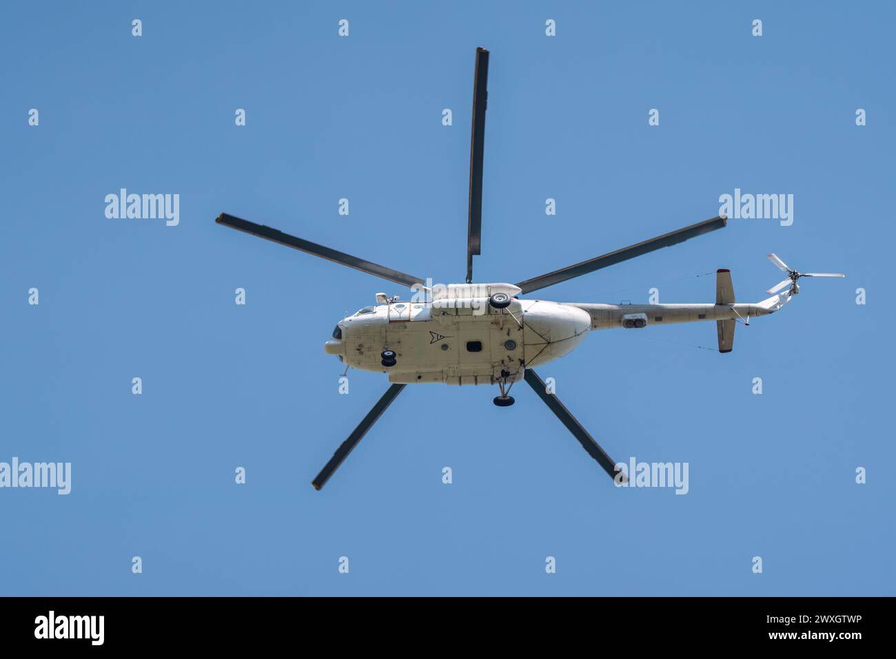 Bottom view of a helicopter in flight. propellers fixed Stock Photo - Alamy