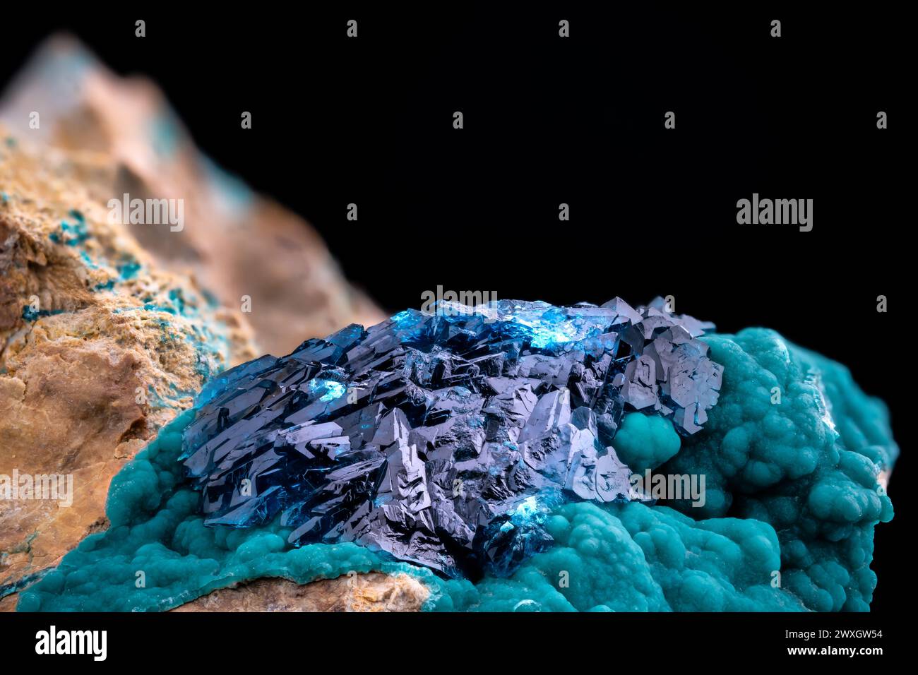 blue veszelyite crystal macro photography detail. From Congo. macro ...