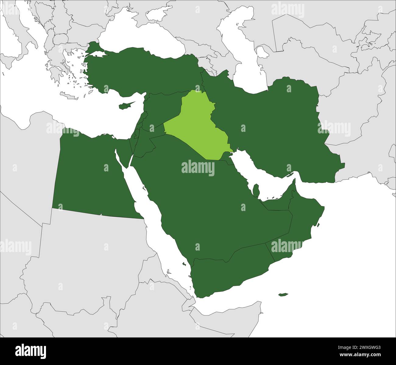 Light green map of IRAQ inside highlighted dark green map of the Middle ...